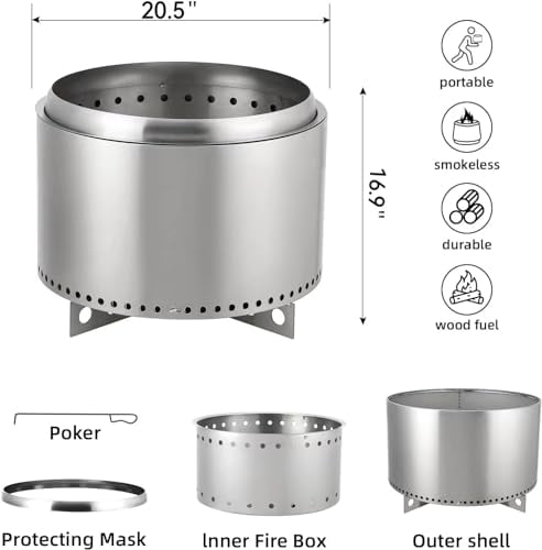 20 Inch Stainless Steel Fire Pit, Outdoor Smokeless Fire Pit, Outdoor ...