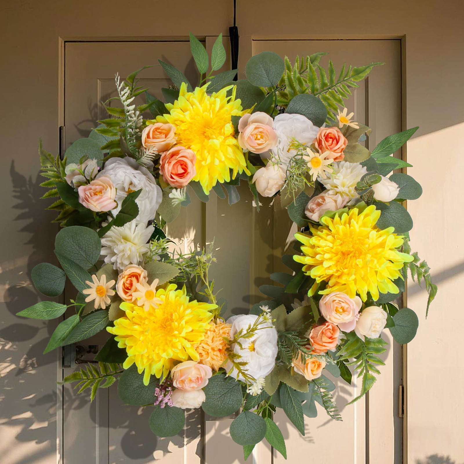 20 Inch Summer Roses Wreath for Front Door, Artificial Floral Wreath ...