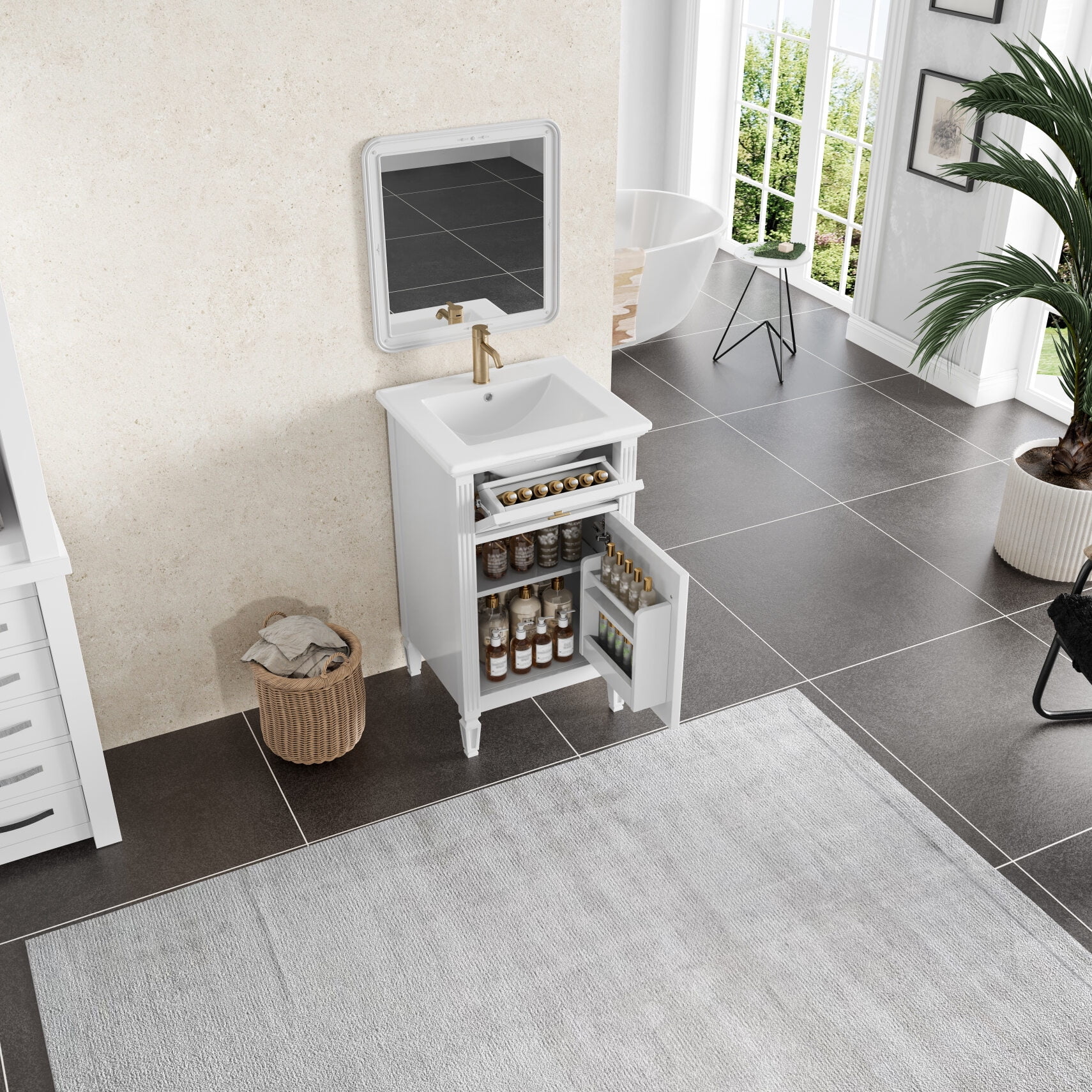 20-Inch White Bathroom Vanity with Integrated Sink, Solid Wood Legs ...