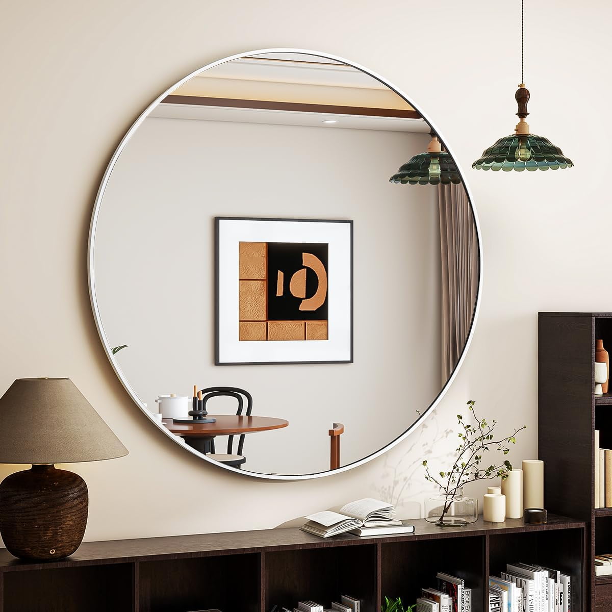20 Inch White Round Wall-Mounted Circle Mirror with Metal Frame for ...