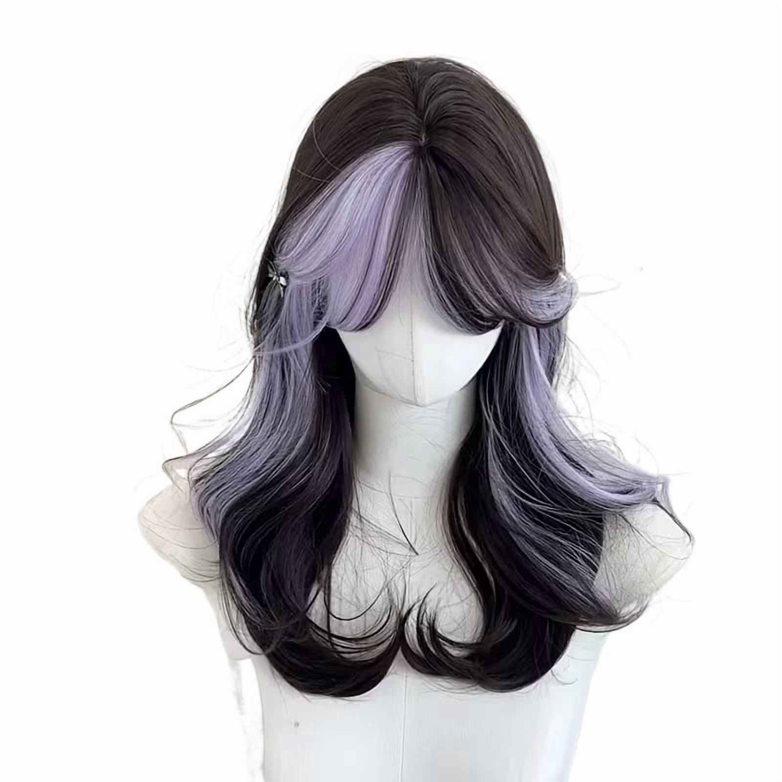 20-Inch Women's Purple Highlighted Wavy Hair Wig with Bangs - Ideal for ...