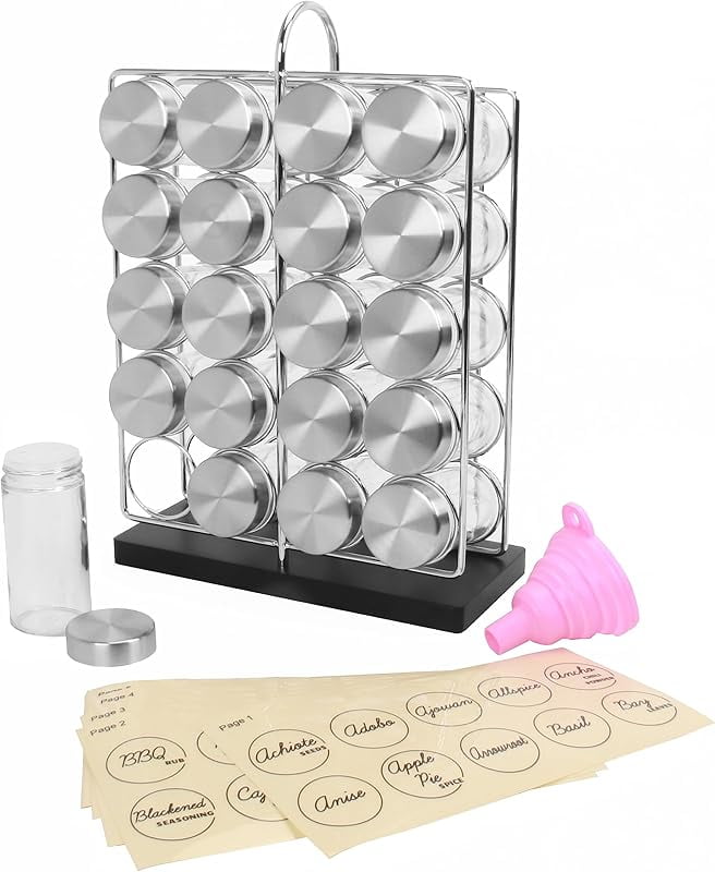 20 Jar Chrome Wire Spice Rack with Bamboo Base | Includes Silicone ...