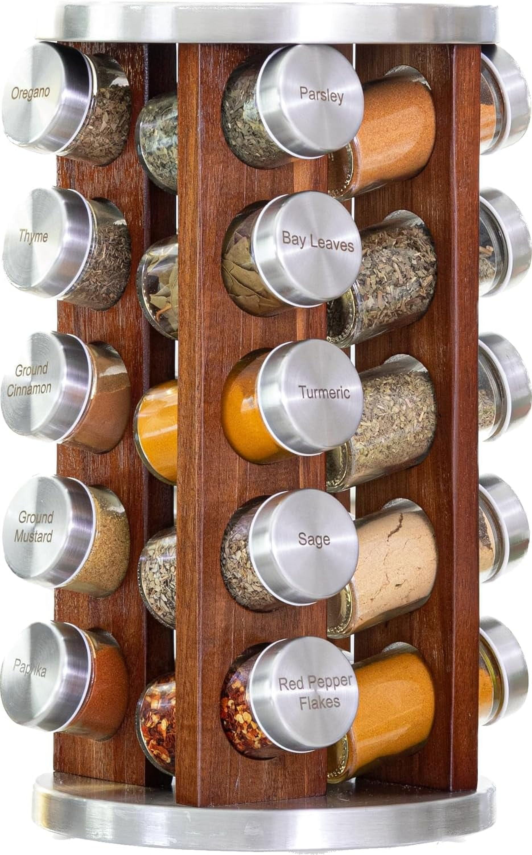 20 Jar Dark Acacia Wood Spice Rack with Spices Included - Rotating ...