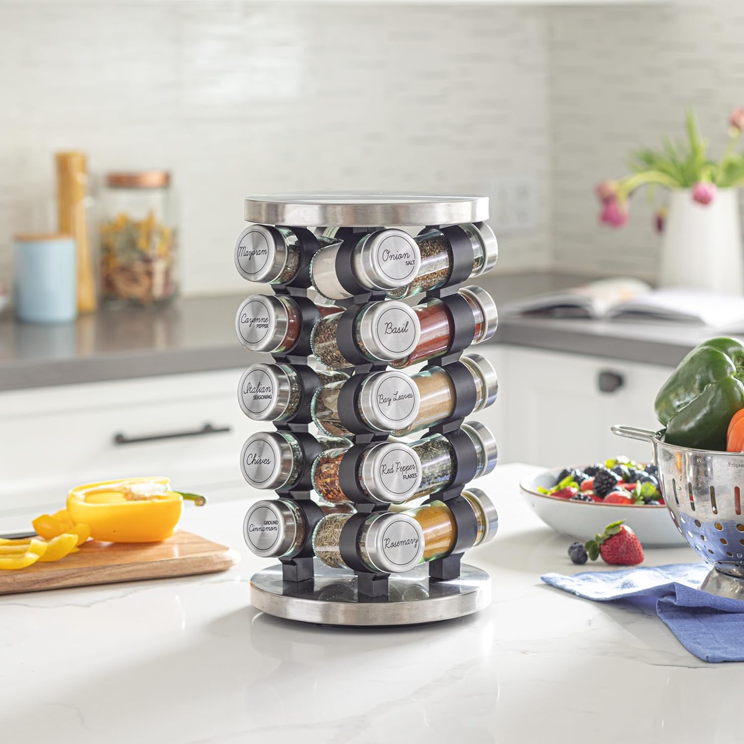 20-Jar Rotating Stainless Steel Spice Rack, Tower Organizer for Kitchen ...