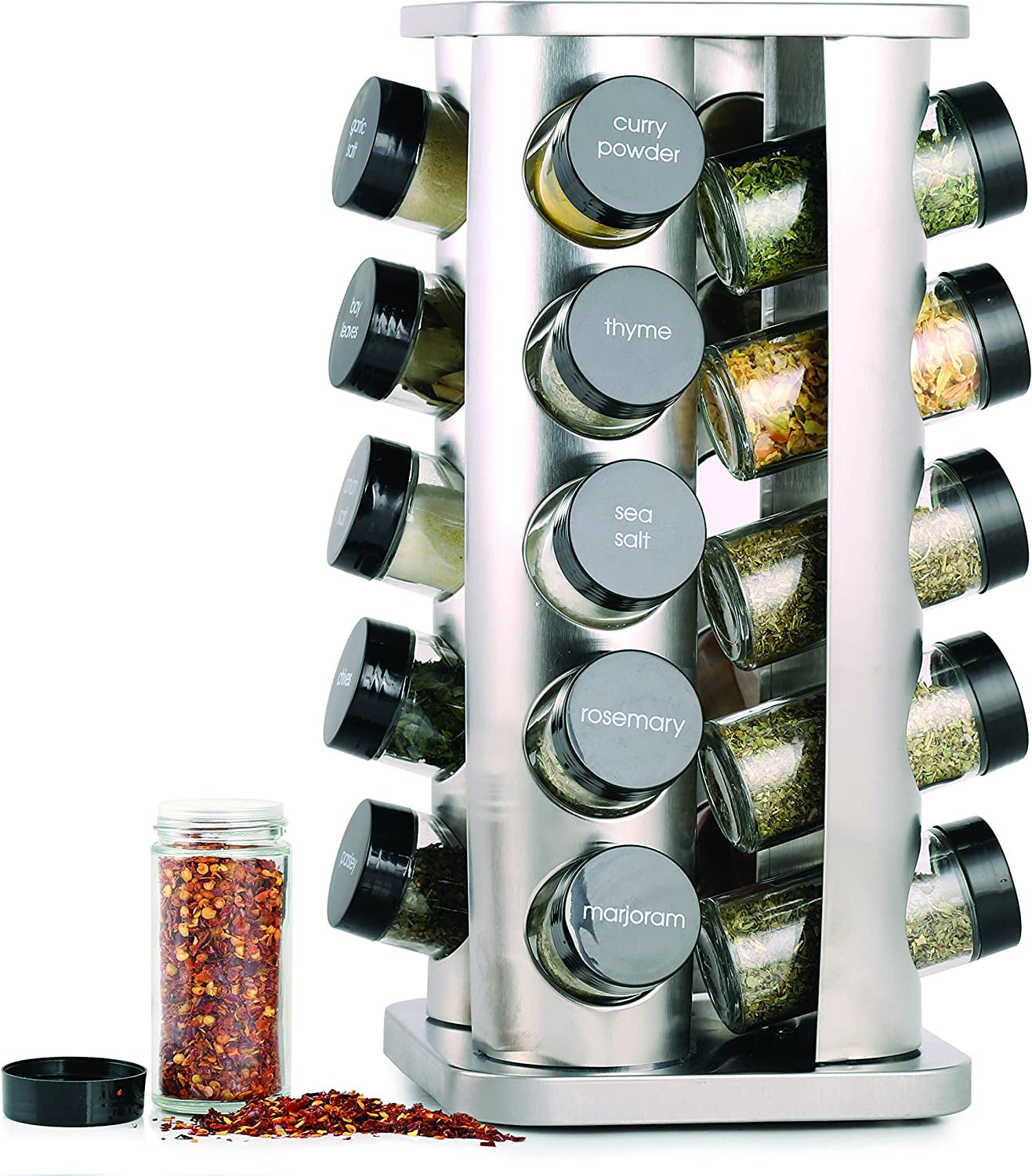 20 Jar Spice Rack with Spices Included - Revolving Tower Organizer for ...