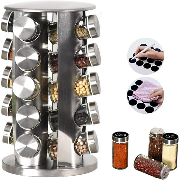 20-Jar Stainless Steel Rotating Spice Rack with Non-Slip Base - Kitchen ...