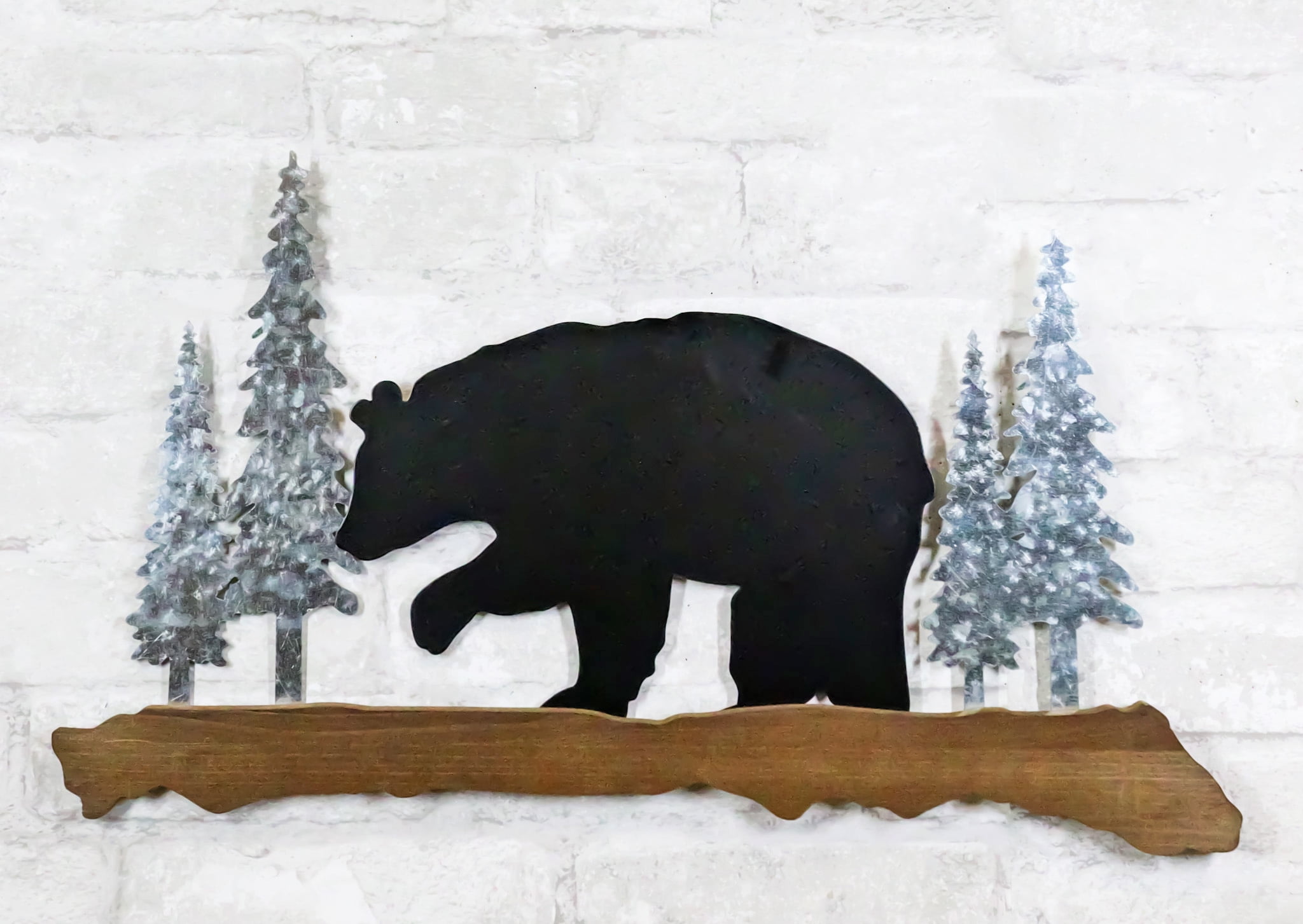 20"L Rustic Forest Black Bear By Pine Trees Silhouette Wood & Metal ...