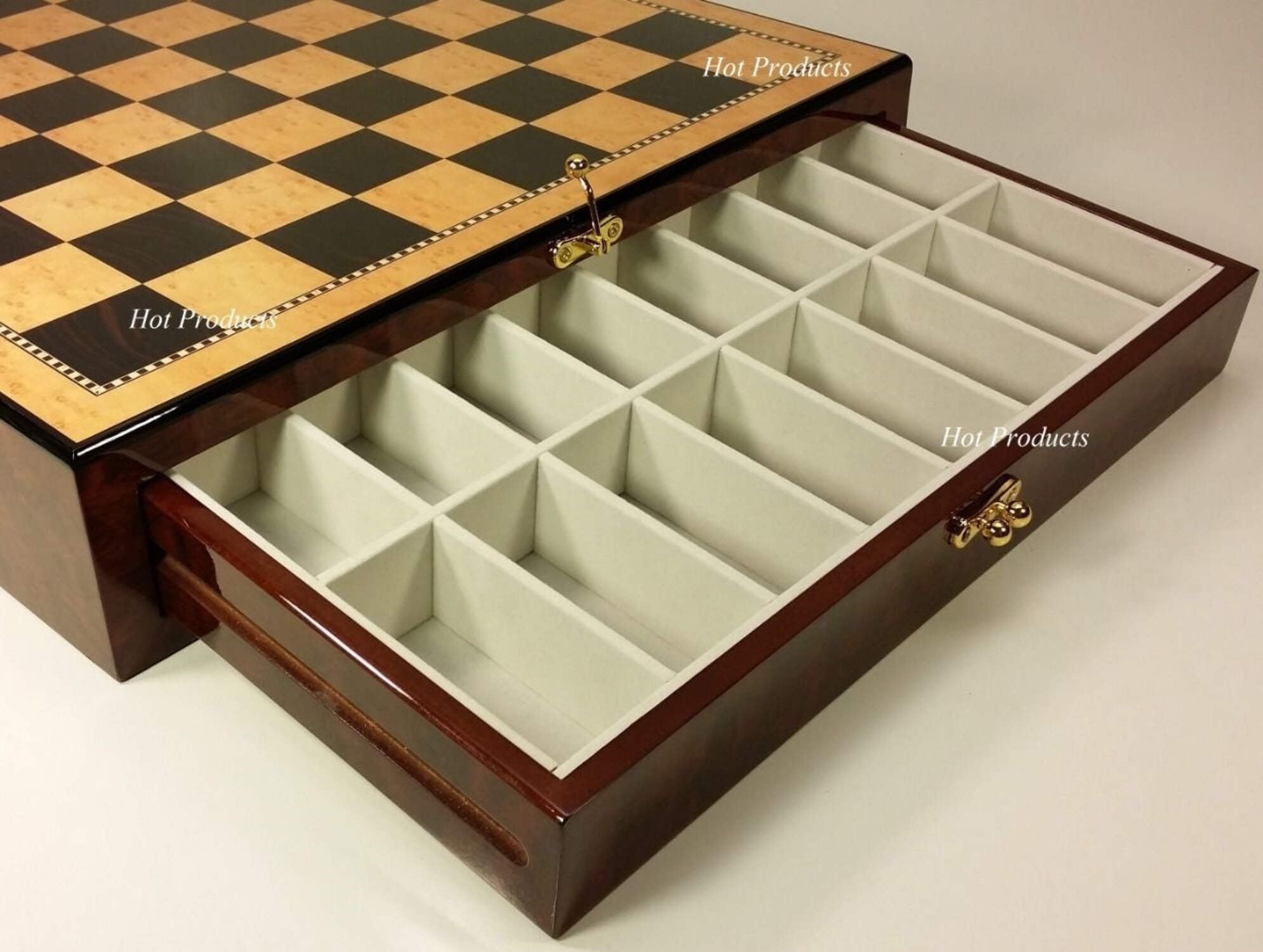 20" LARGE HIGH GLOSS STORAGE CHESS BOARD Walnut Birdseye Maple Color ...