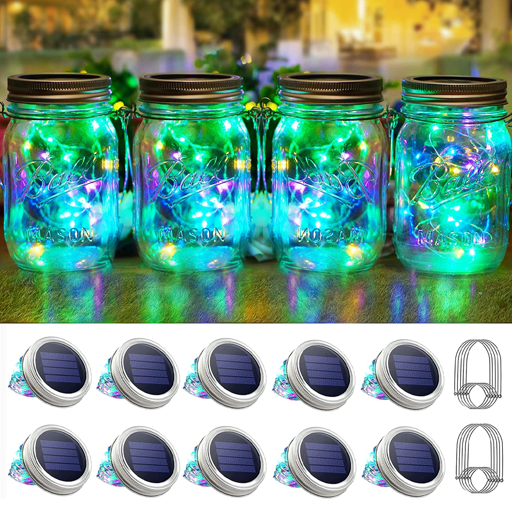 20 LED 10 Pack Mason Jar Lid Solar Lights With Hanger For Mason Jar ...