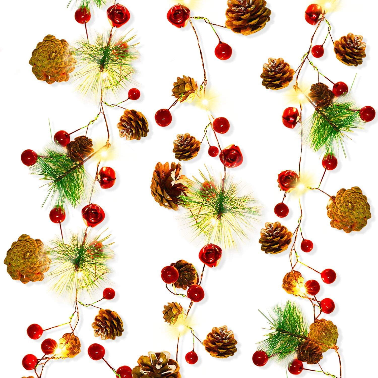 20 LED Christmas String Lights, 6.6 Ft Pinecone Red Berry Bell Xmas ...