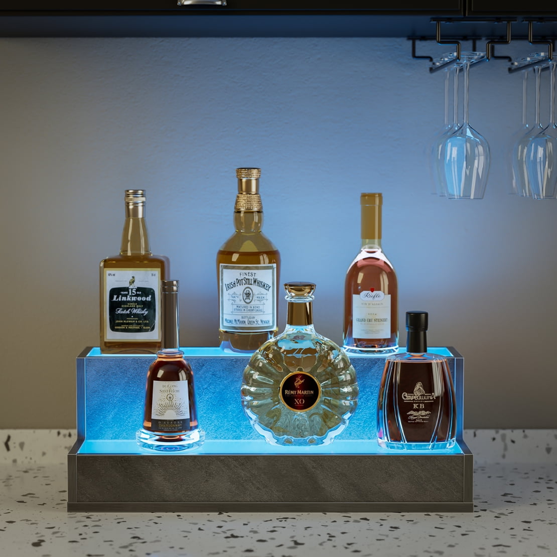 20" LED Lighted Liquor Bottle Display Shelf, Modern 2 Step Freestanding ...