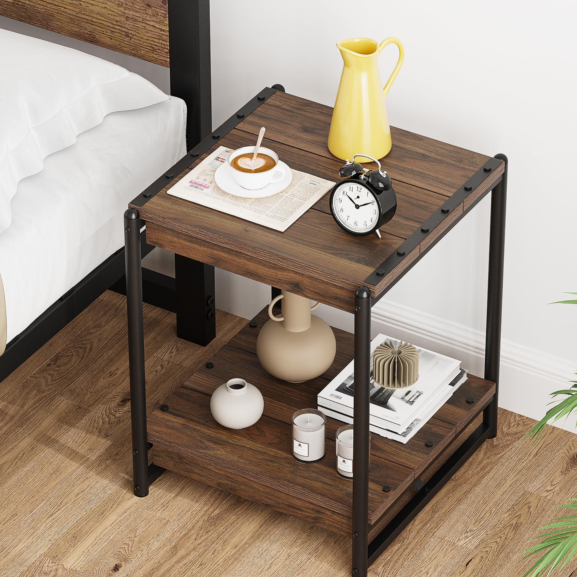 20"Large Square Farmhouse Grey Wood Storage End Table with 2 Tier Shelf ...