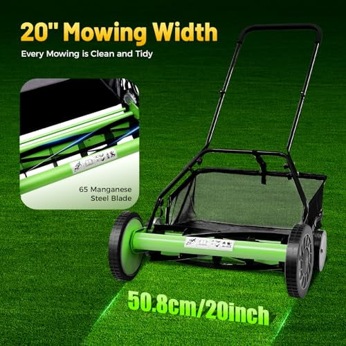 20" Lawn Mower,5- Cordless Manual Reel Lawn Mower, with Grass Catcher ...