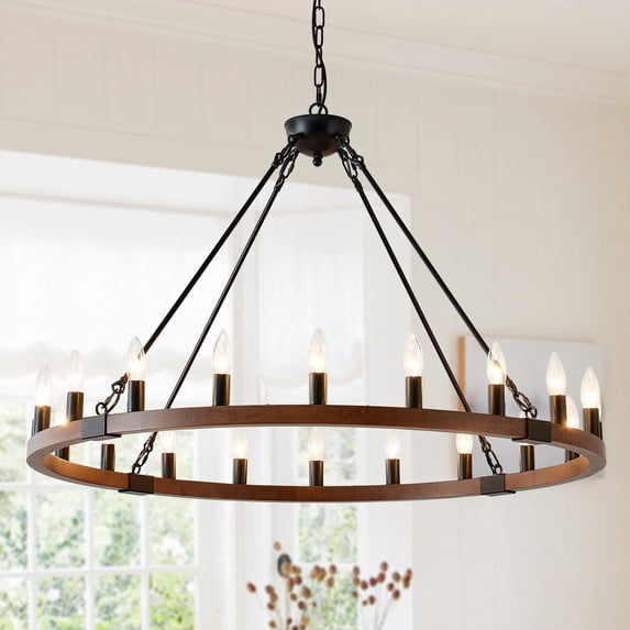 20-Light Wood Wagon Wheel Chandelier - Farmhouse Pendant Light - Matte ...