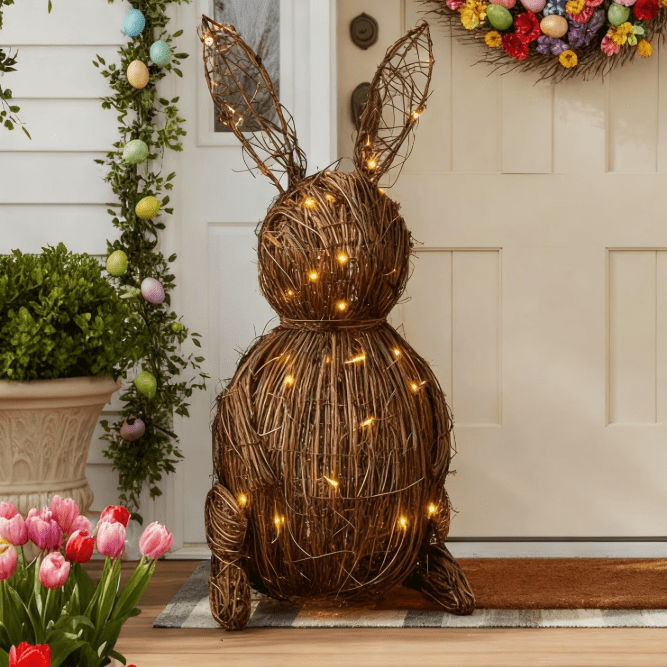 20'' Lit Rattan Easter Bunny Topiary - Handmade Rattan Rabbit with ...