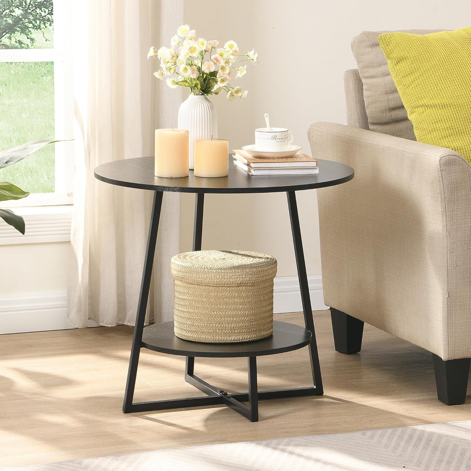 20" Living Room Side Table for Small Spaces, 2 Tier Wood Top Round End ...