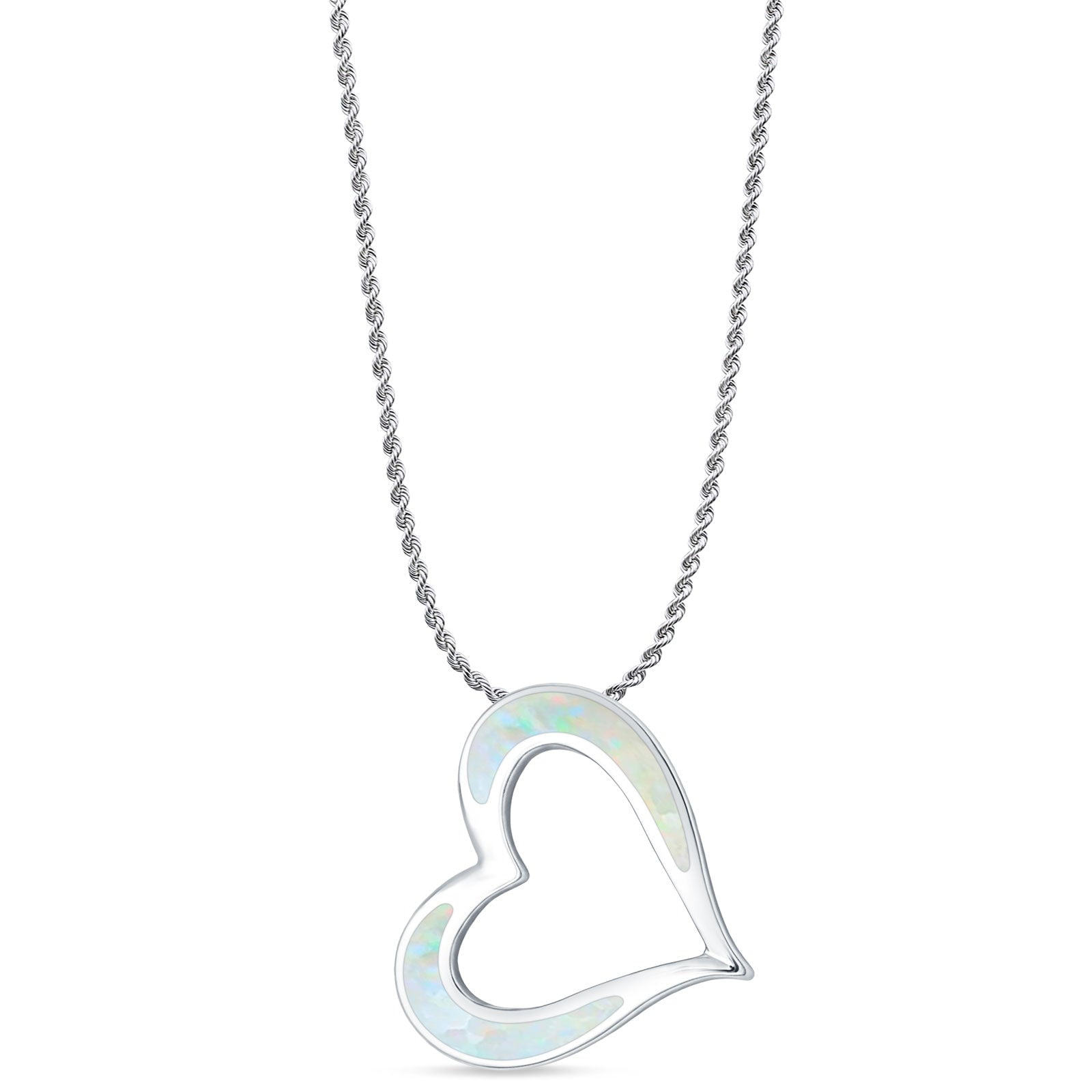 20" Long 1.1mm Rope Chain- Lab Created White Opal Heart Pendant ...