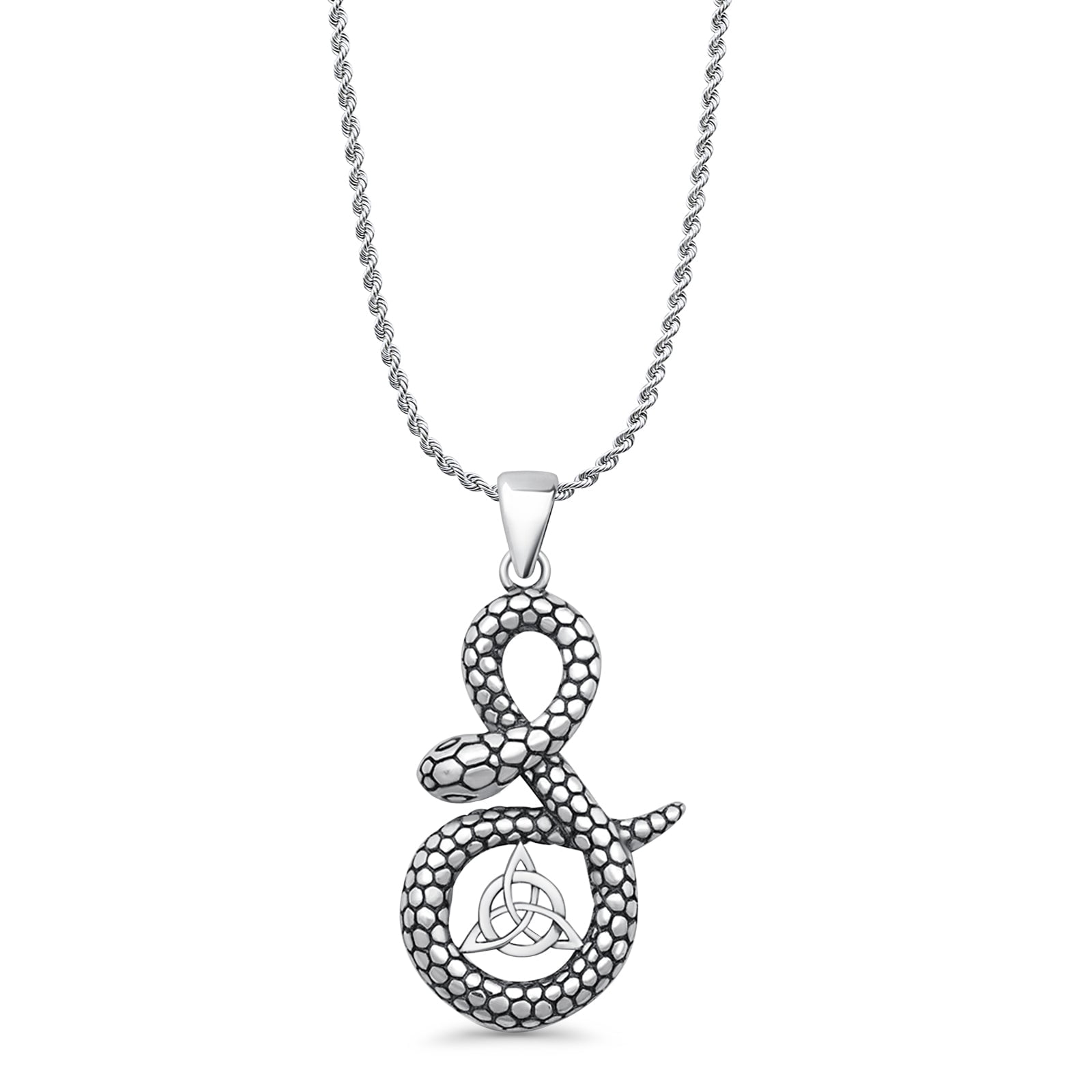 20" Long 1.1mm Rope Chain- Snake & Triquetra Pendant Necklace Oxidized ...