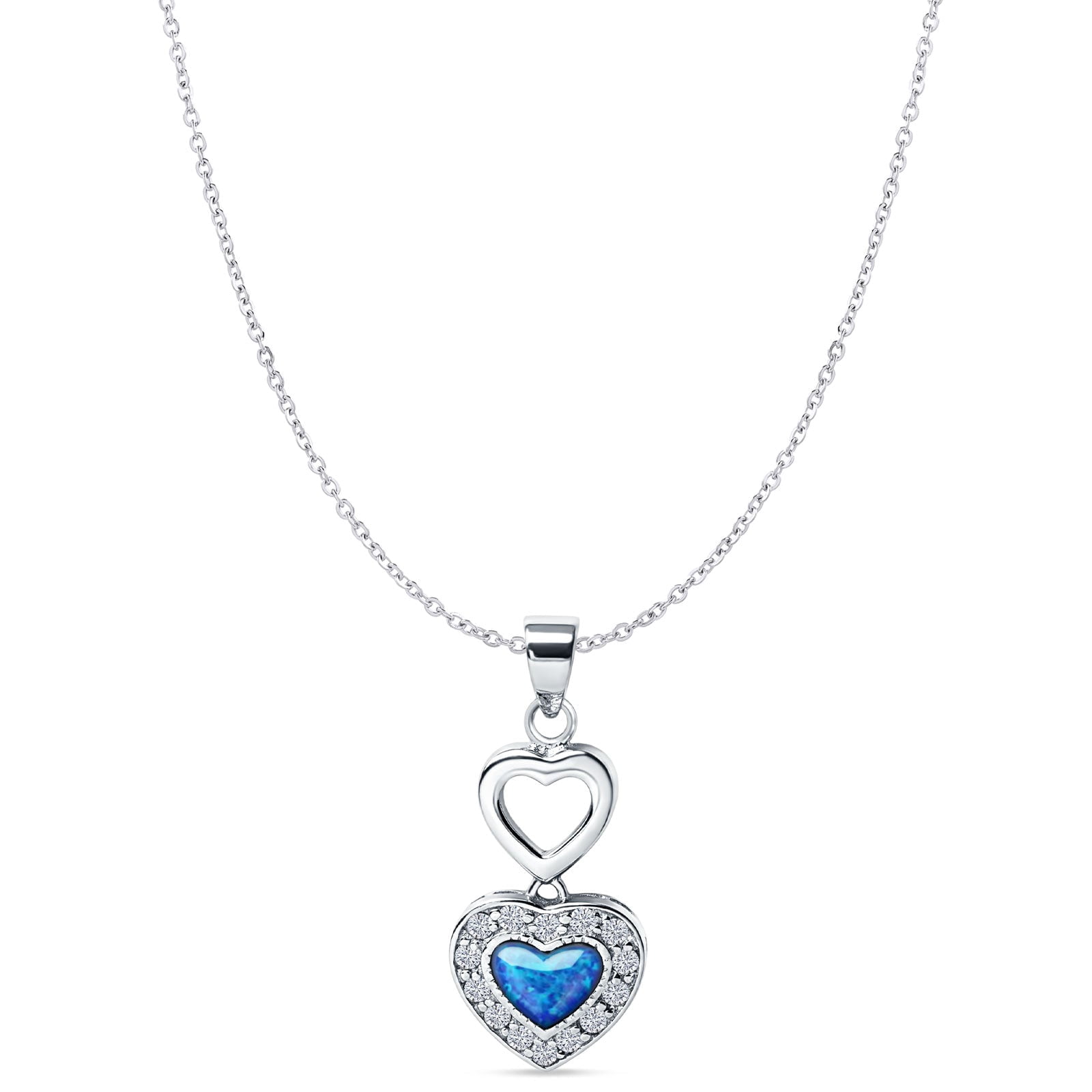 20" Long 1.4mm Cable Chain- Lab Created Blue Opal & CZ Heart Pendant ...