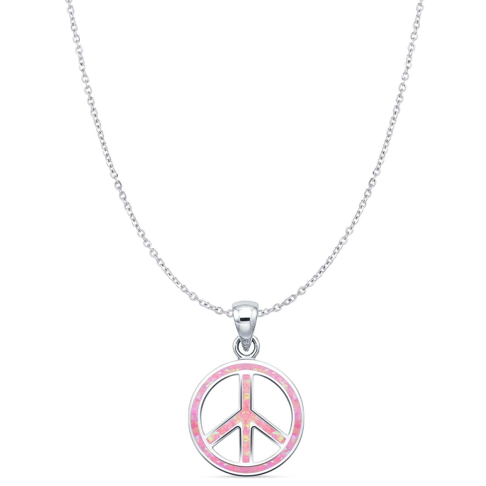 20" Long 1.4mm Cable Chain- Lab Created Pink Opal Peace Sign Pendant ...
