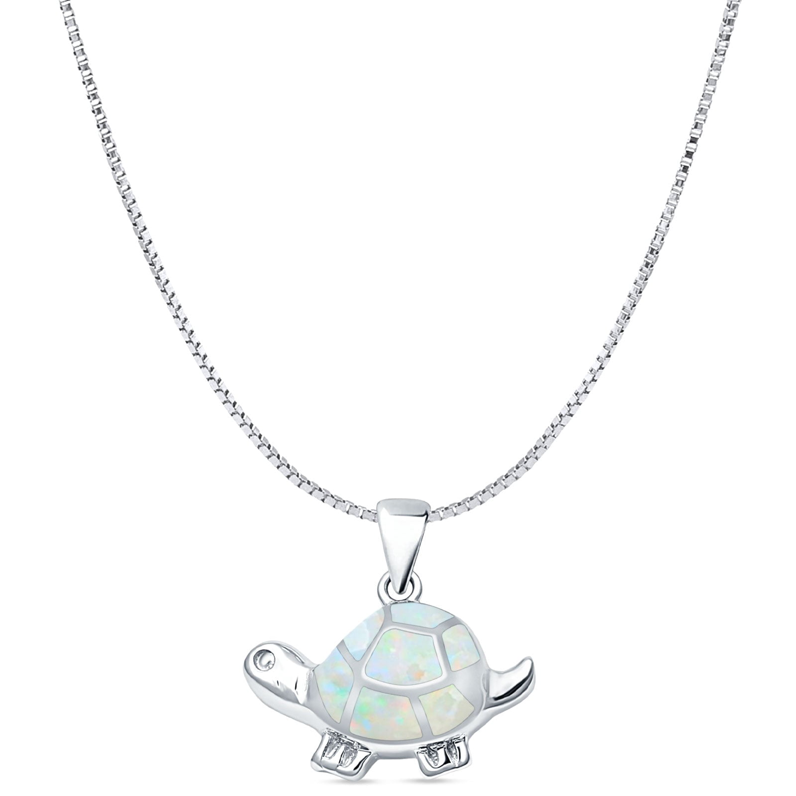 20" Long 1mm Bead Chain- Lab Created White Opal Turtle Pendant Necklace ...