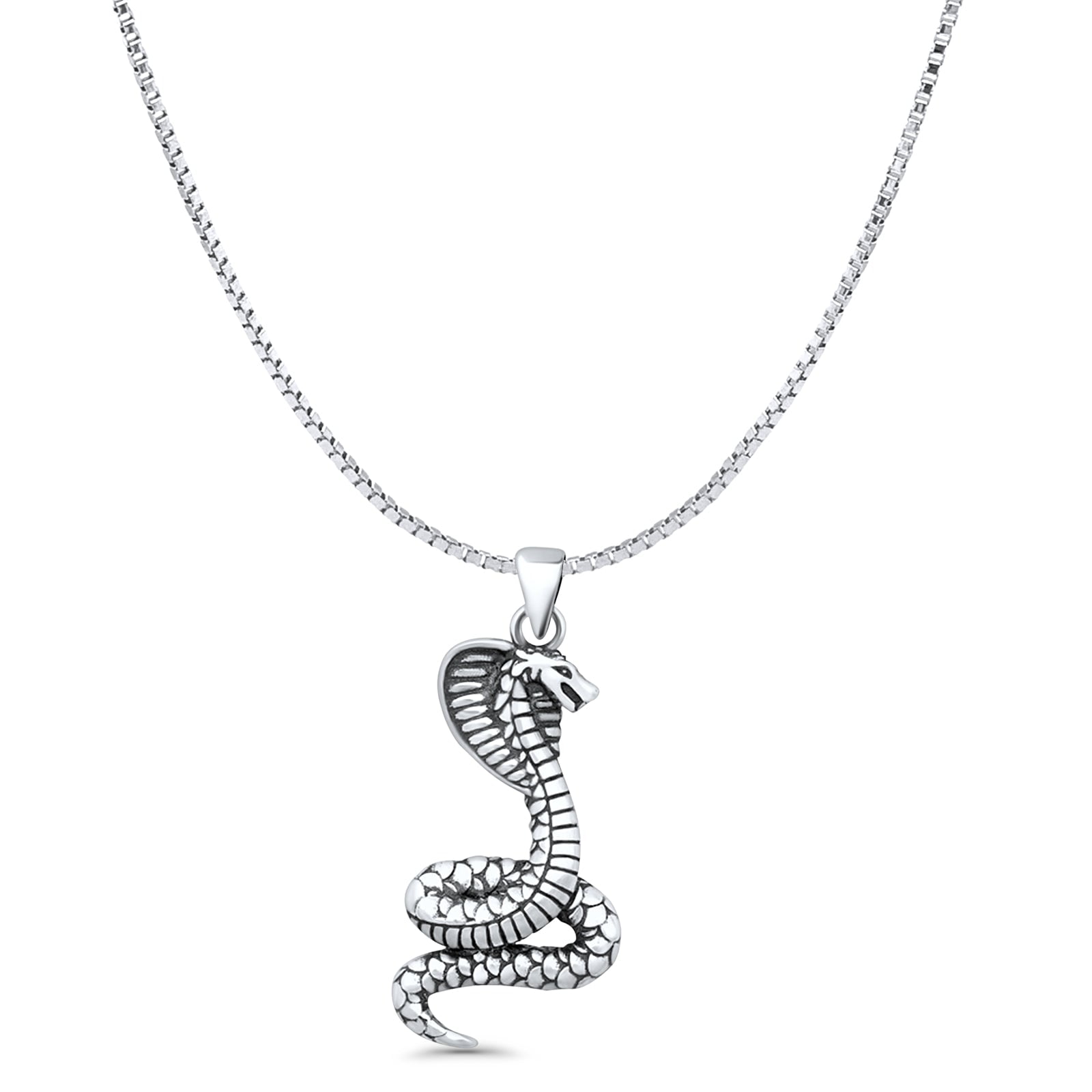 20" Long 1mm Box Chain- Cobra Snake Pendant Necklace Oxidized Vintage ...