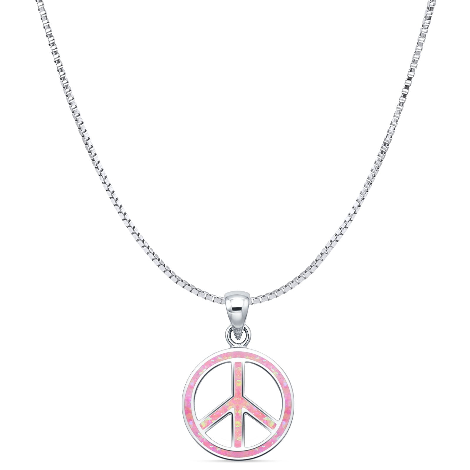 20" Long 1mm Box Chain- Lab Created Pink Opal Peace Sign Pendant ...