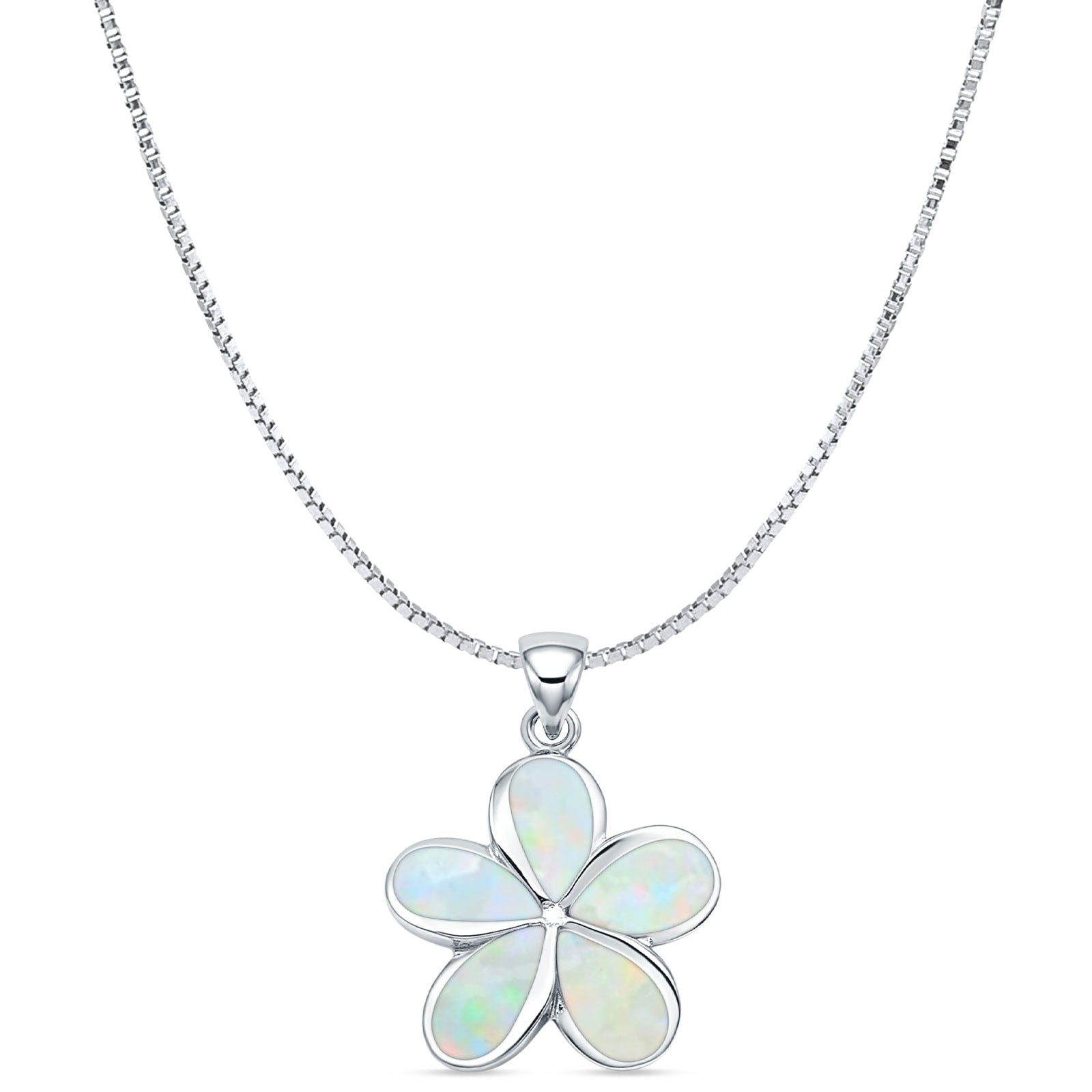 20" Long 1mm Box Chain- Lab Created White Opal Flower Pendant Necklace ...
