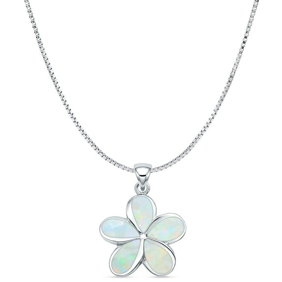 20" Long 1mm Box Chain- Lab Created White Opal Flower Pendant Necklace ...