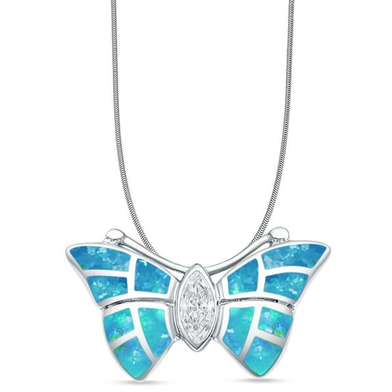 20" Long 1mm Snake Chain- Lab Created Blue Opal & Marquise CZ Butterfly ...