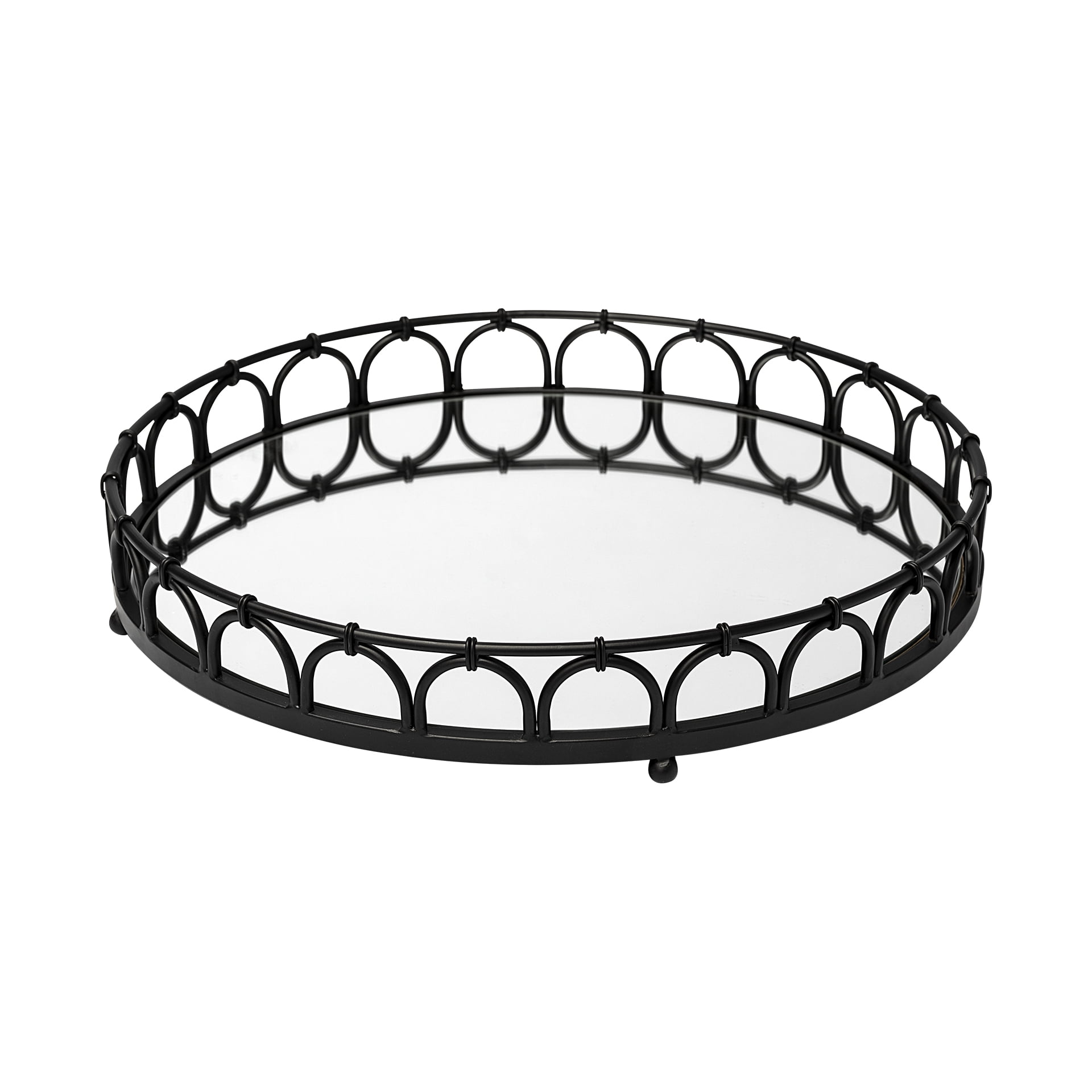 20" Matte Black Metal Half Circles And Mirrored Glass Round Tray ...