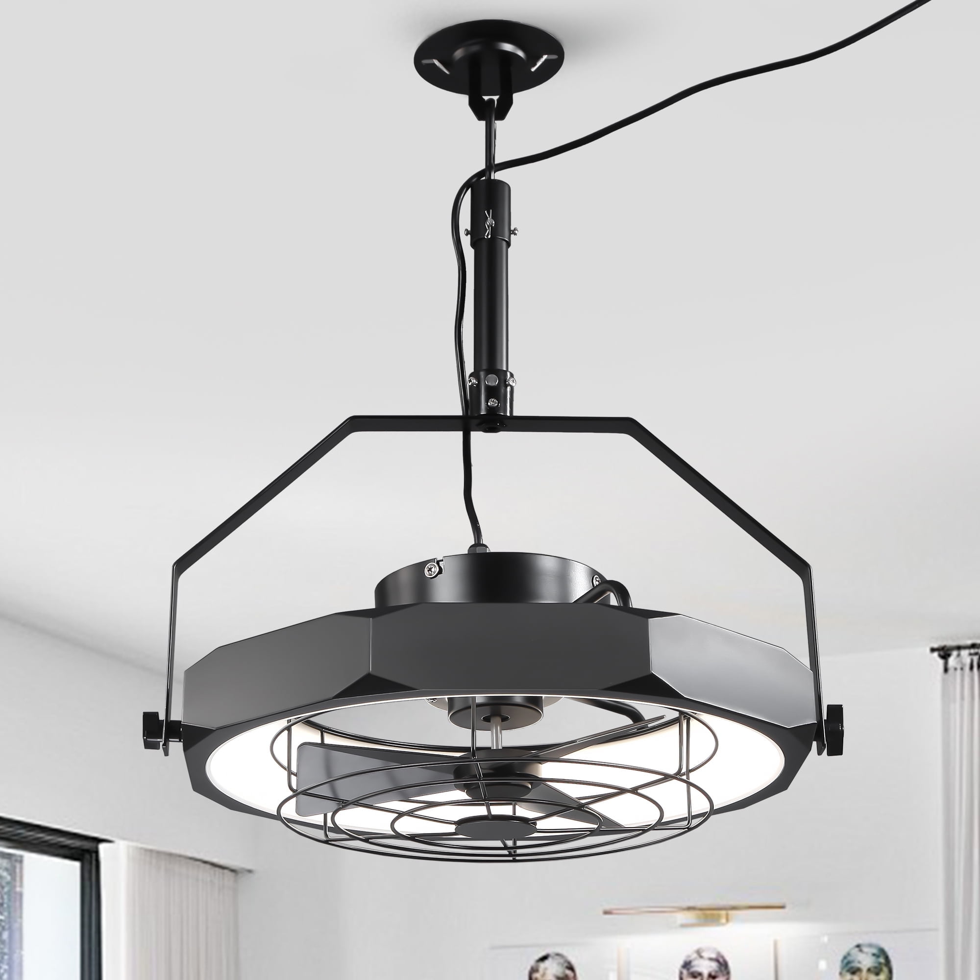 20" Modern Black Caged LED Plug-in Ceiling Fan with Remote, 6-Speed ...