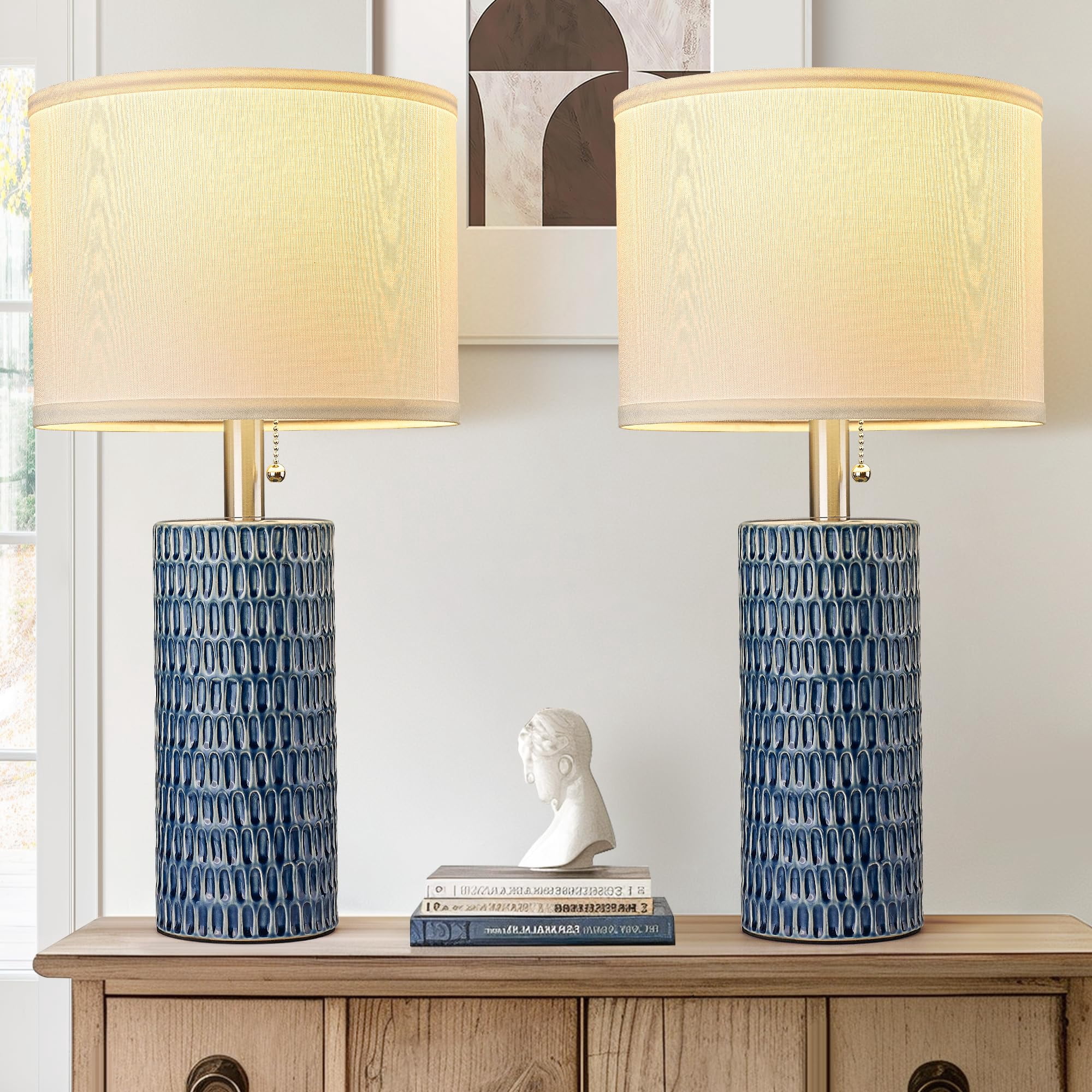 20" Modern Ceramic Table Lamp Set of 2 Dark Blue and White for Living ...