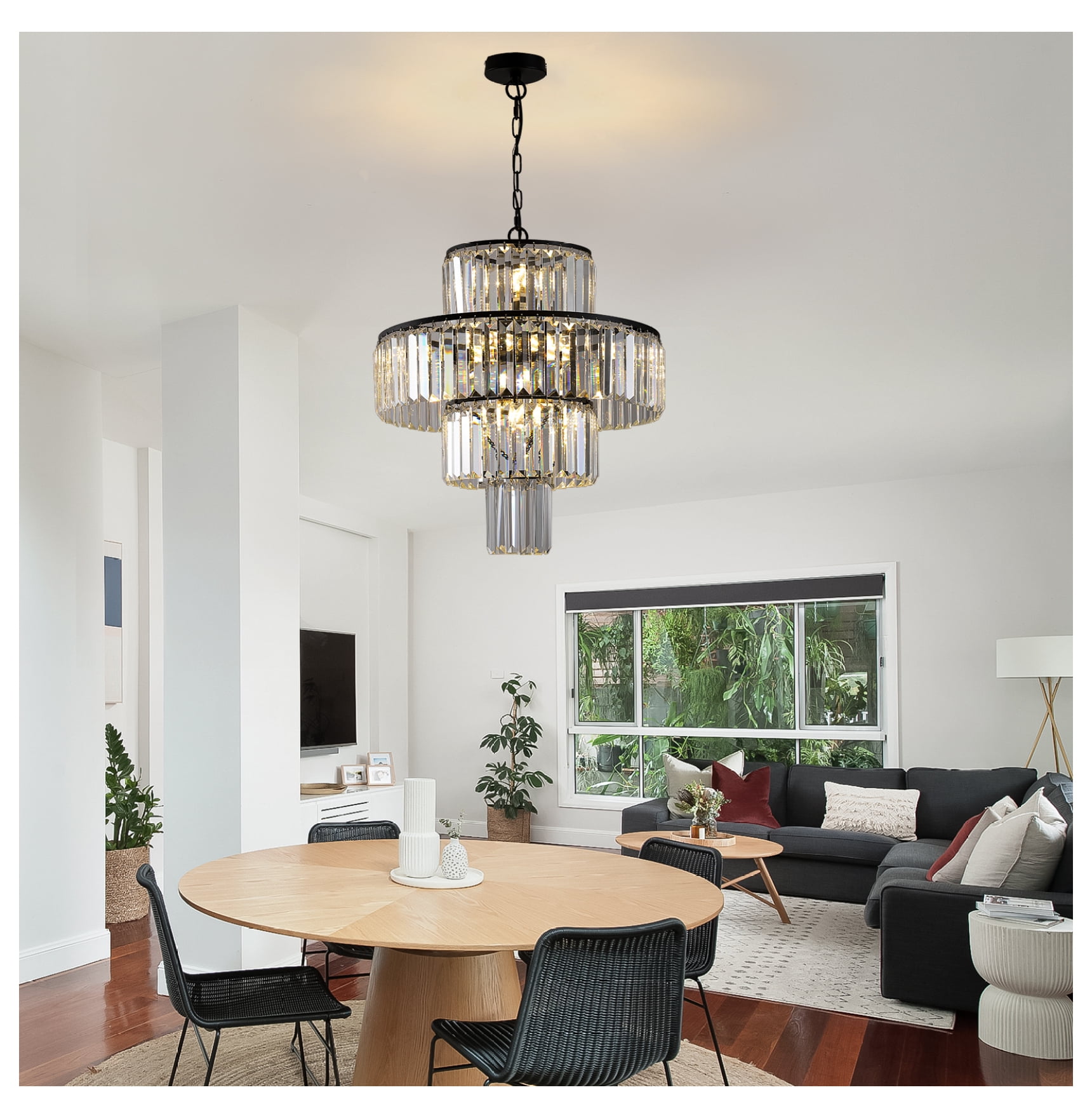20" Modern Crystal Chandelier with Black Finish, 4-Tier Design for ...