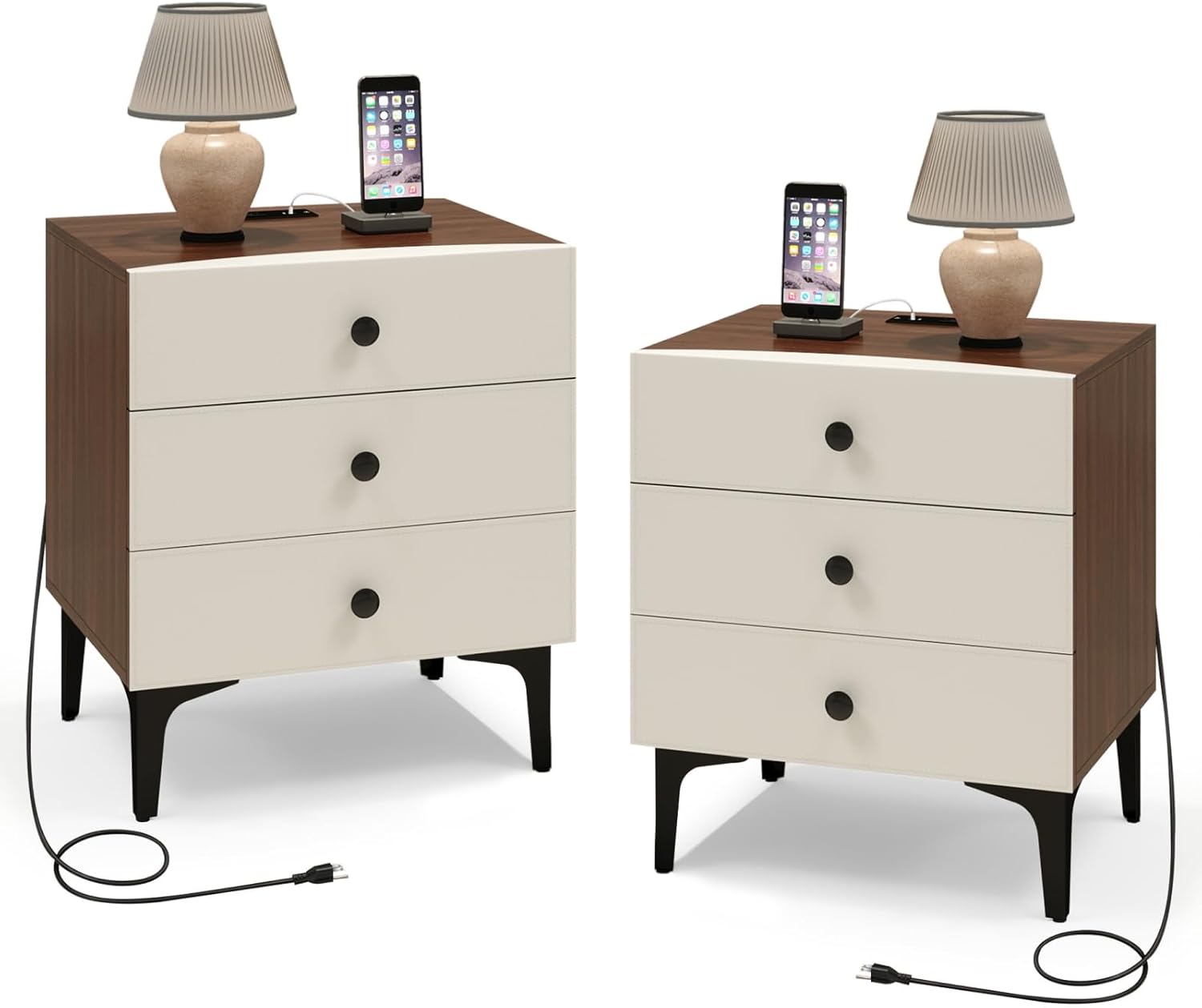 20" Modern Nightstand Set of 2 with Charging Station, 3 Drawer Wood ...