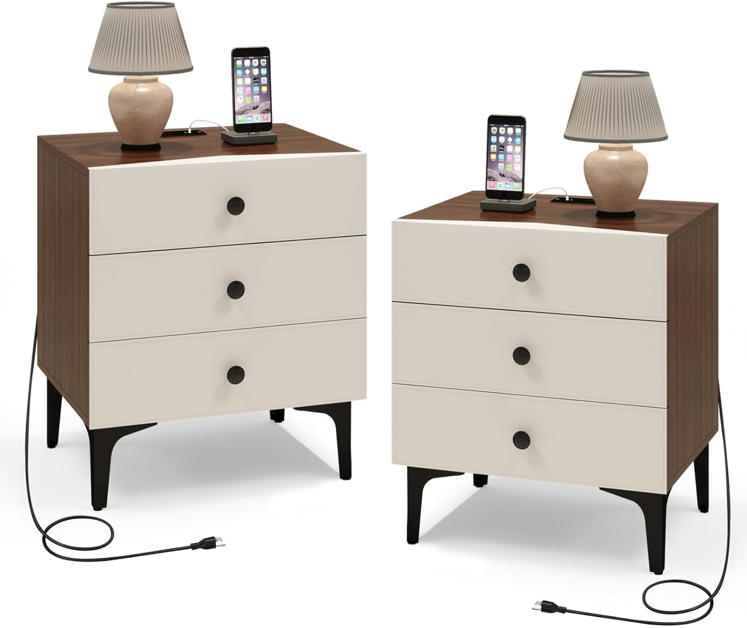 20" Modern Nightstand Set of 2 with Charging Station, 3 Drawer Wood ...