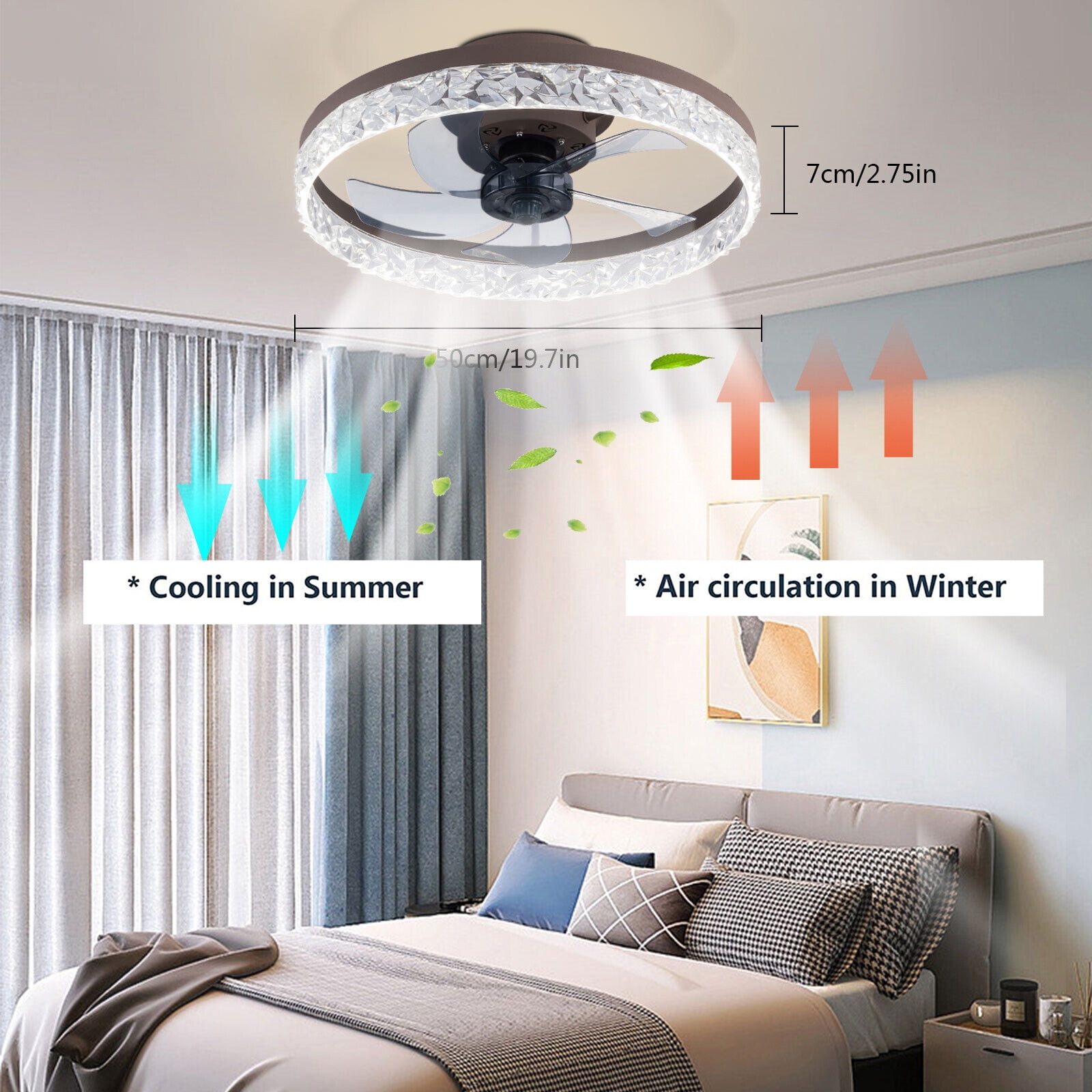 20" Modern Round Flush-Mount Ceiling Fan Dimmable LED 6 Speeds W/Remote ...