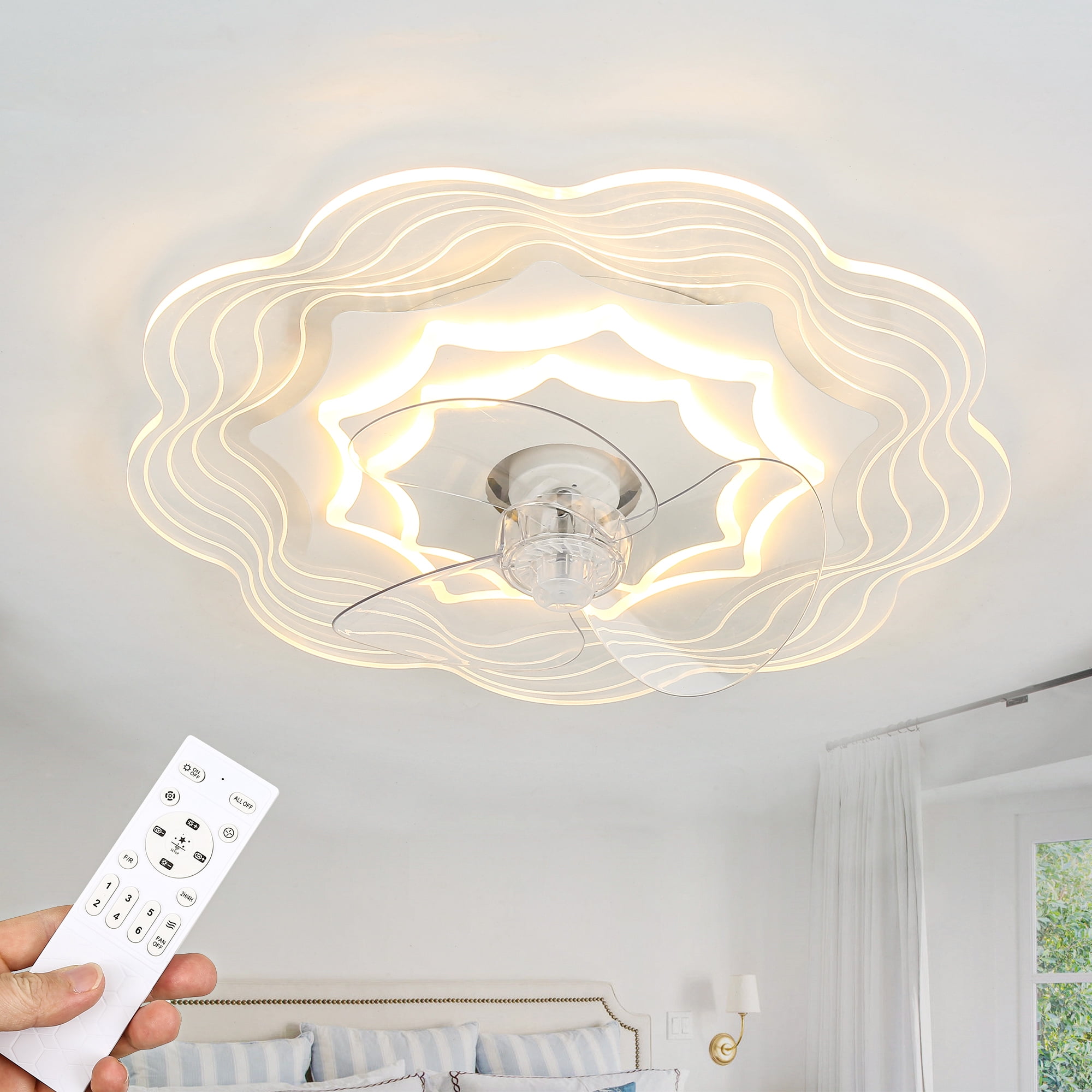 20" Modern White Cloud Flush Mount Ceiling Fan with Remote Control and ...