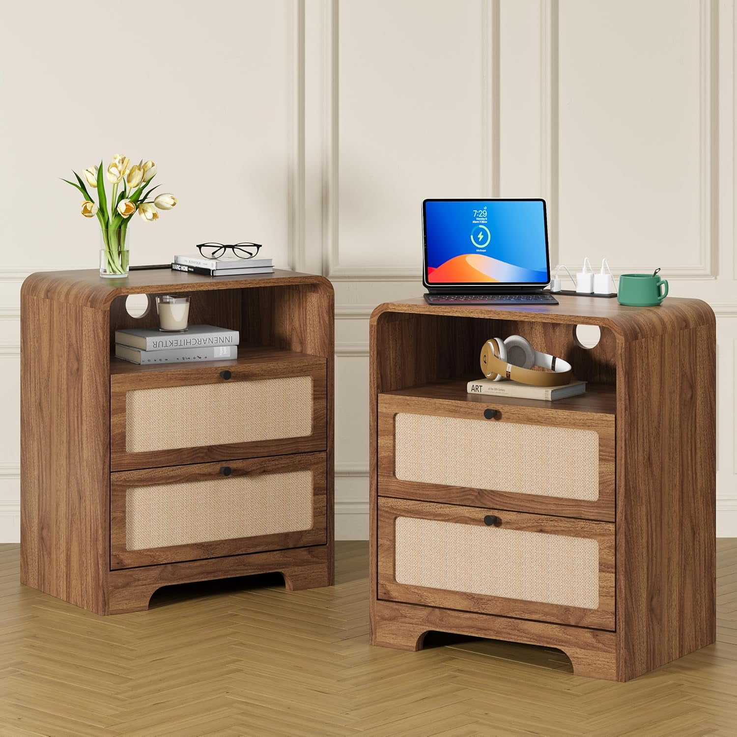 20" Nightstand Set of 2, End Table with 2 Drawer & Charging Station AC ...