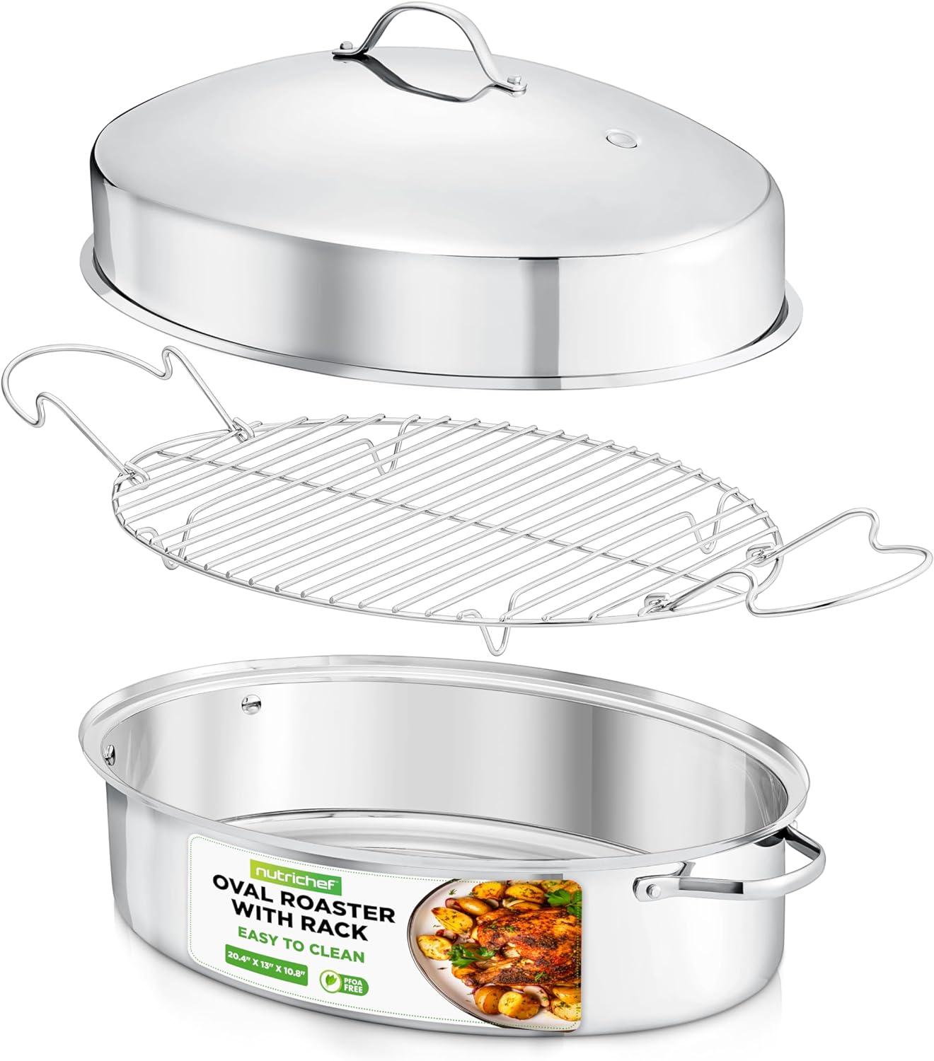 20" Oval Roasting Pan with Rack and Lid - Premium Stainless Steel ...