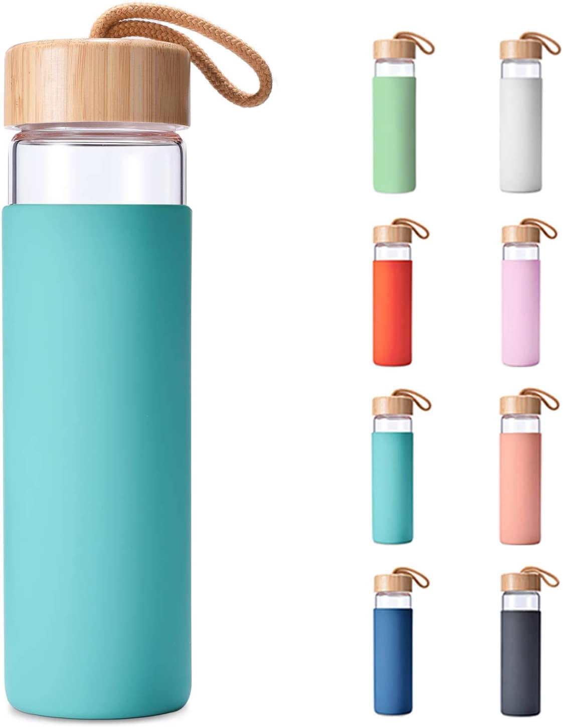 20 Oz Borosilicate Glass Water Bottle with Bamboo Lid and Silicone ...