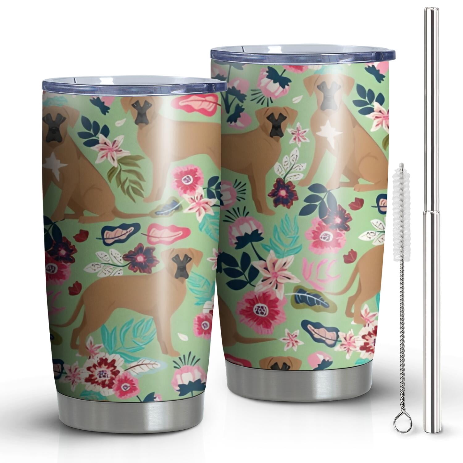 20 Oz Boxer Dog and Flower Florals Coffee Tumbler Double Wall Insulated ...
