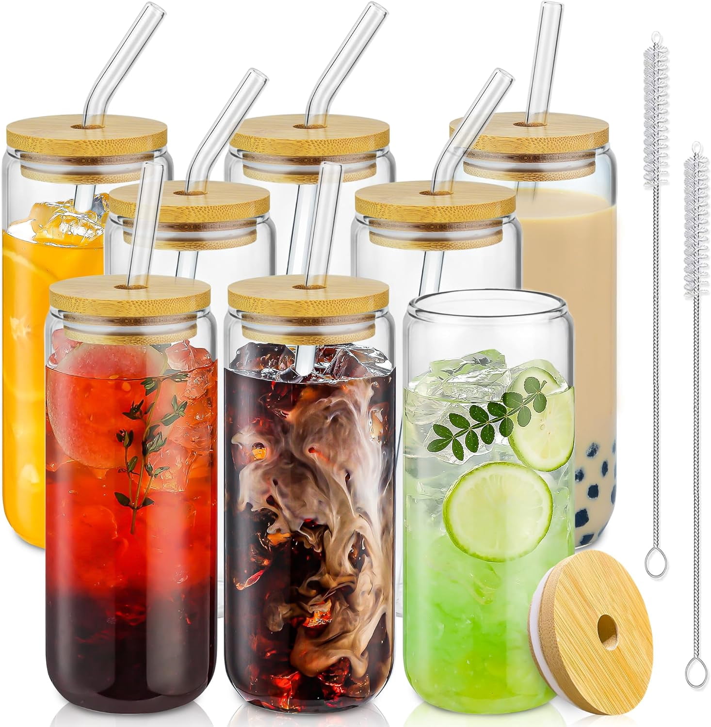 20 Oz Drinking Glasses with Bamboo Lids and Glass Straw - 8 Pcs Glass ...