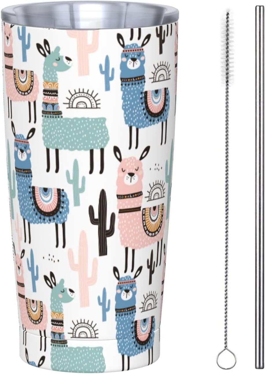 20 Oz Insulated Tumbler with Lid and Straw, Cute Alpaca Animal Mom Dad ...