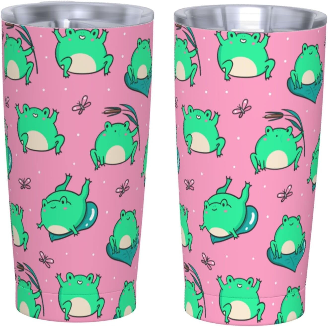 20 Oz Insulated Tumbler with Lid and Straw, Cute Green Frogs on Pink ...