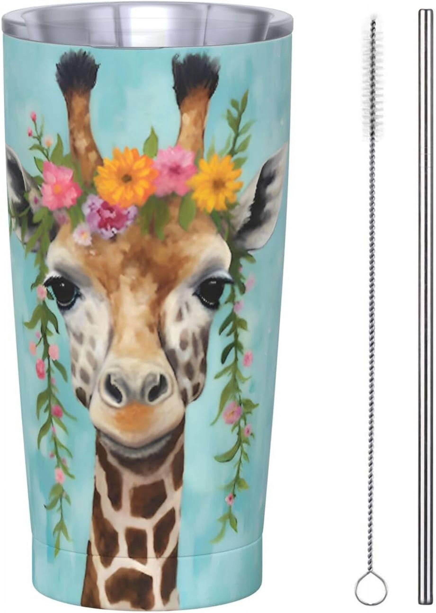 20 Oz Insulated Tumbler with Lid and Straw, Giraffe Floral Headpiece ...