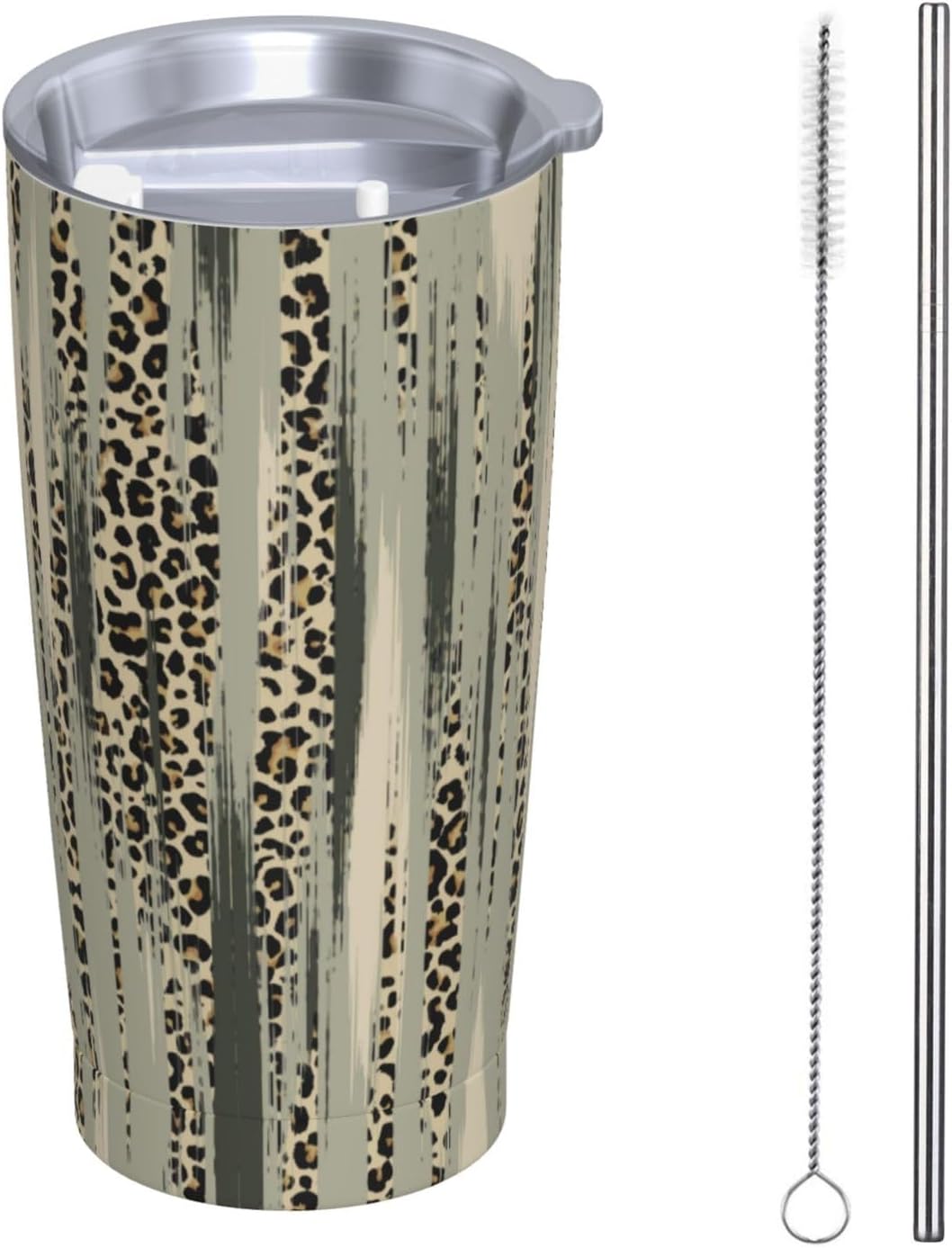 20 Oz Insulated Tumbler with Lid and Straw, Vintage Leopard Print ...