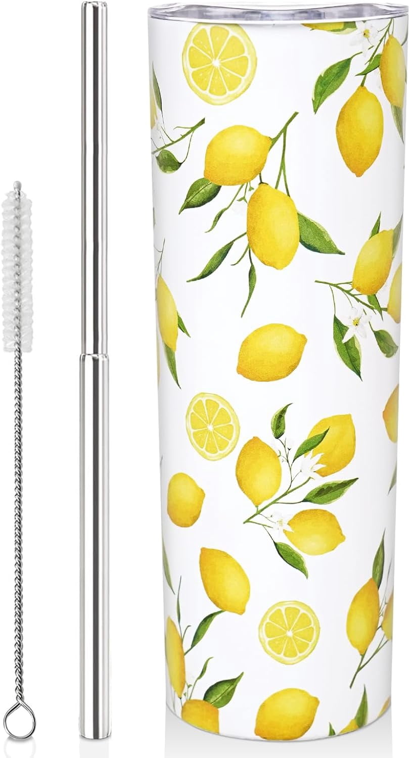 20 Oz Yellow Lemon Tumbler with Lid and Straw Stainless Steel Cup Water ...