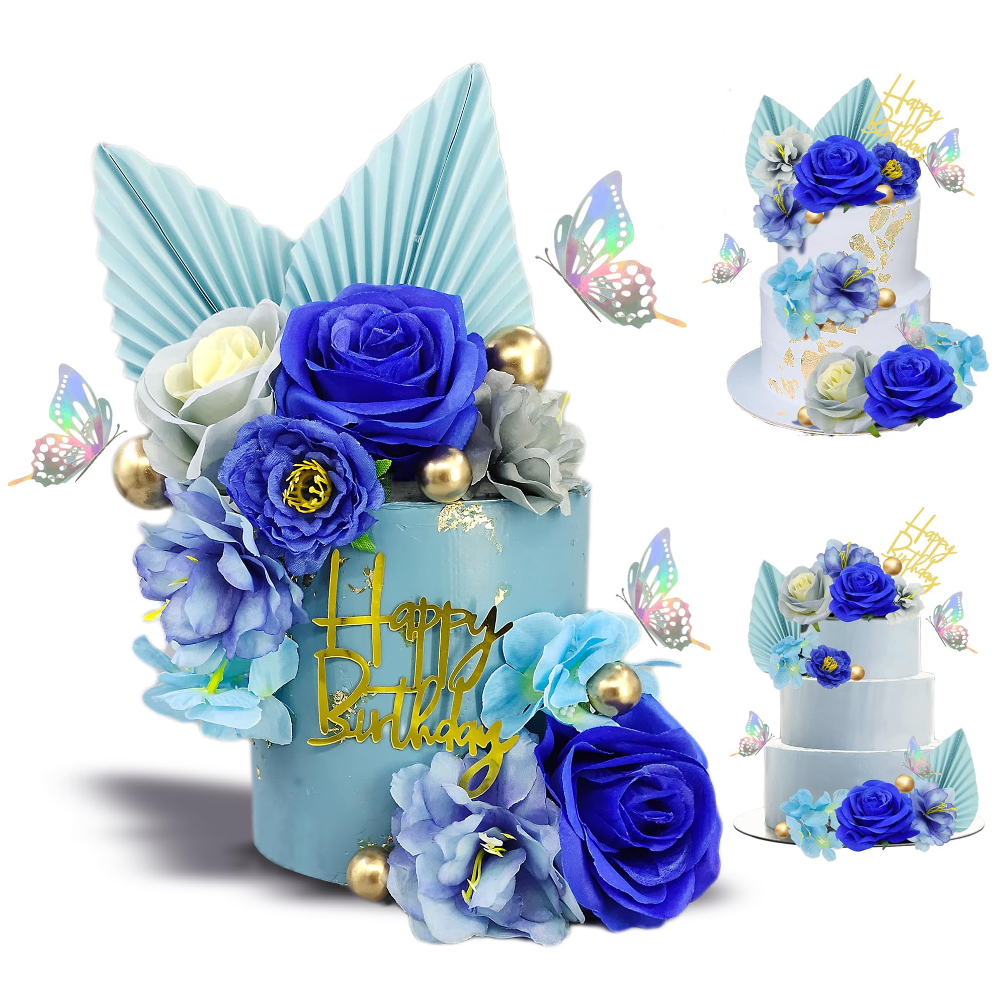 20 PCS Boho Cake Topper Blue BSL1 Flower Cake Toppers Flower Palm ...