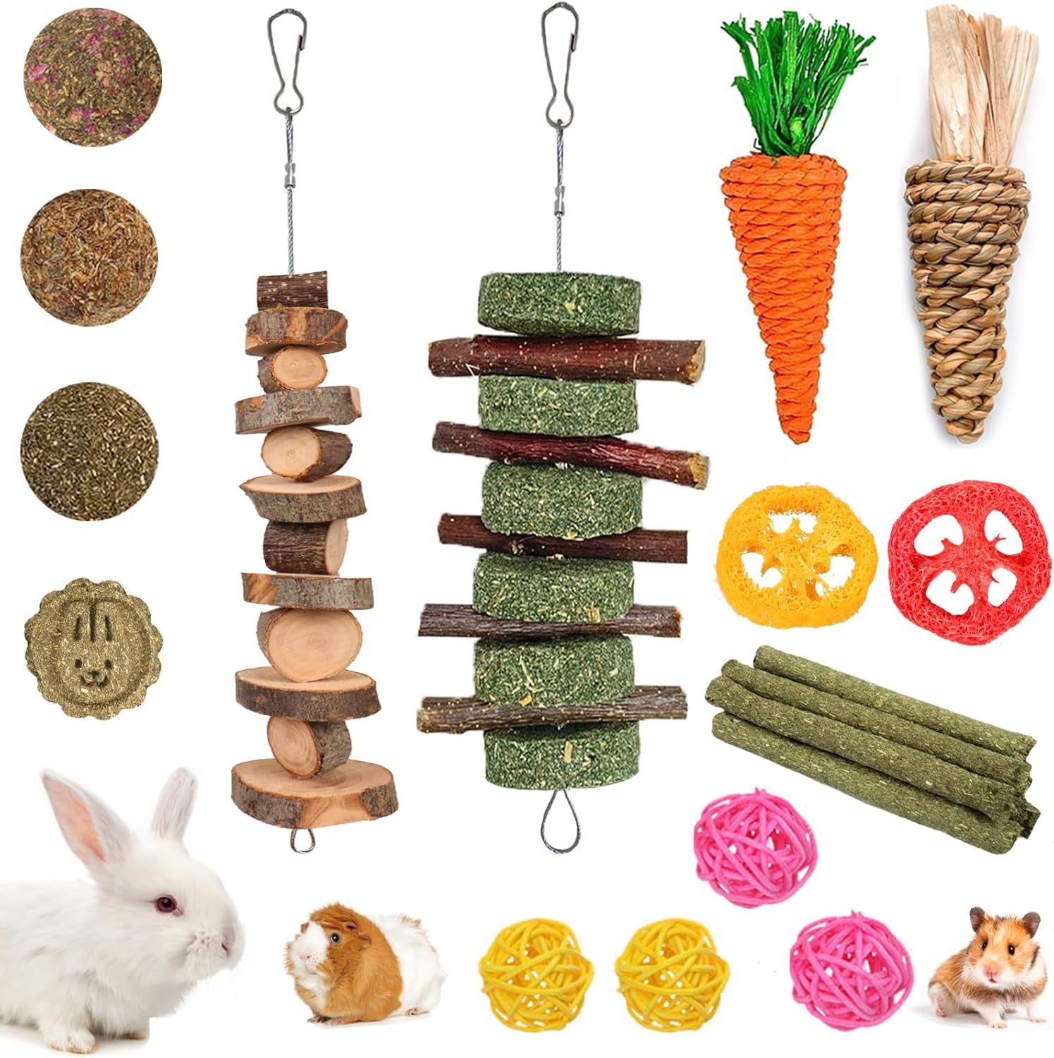 20 PCS Bunny Chew Toys for Teeth, Natural Rabbit Toys Apple Wood Grass ...